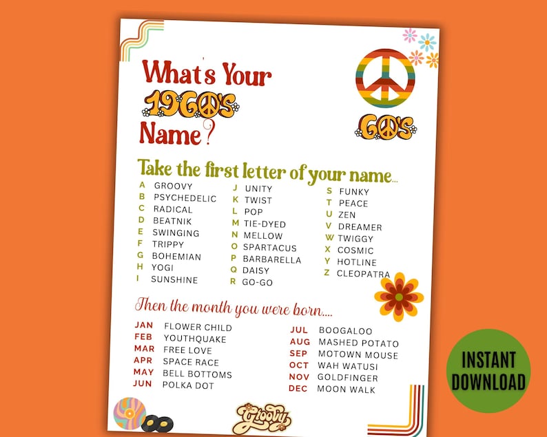 What's Your 60s Name Game, NAME TAGS + SIGN, Groovy 60s Party, Disco ...