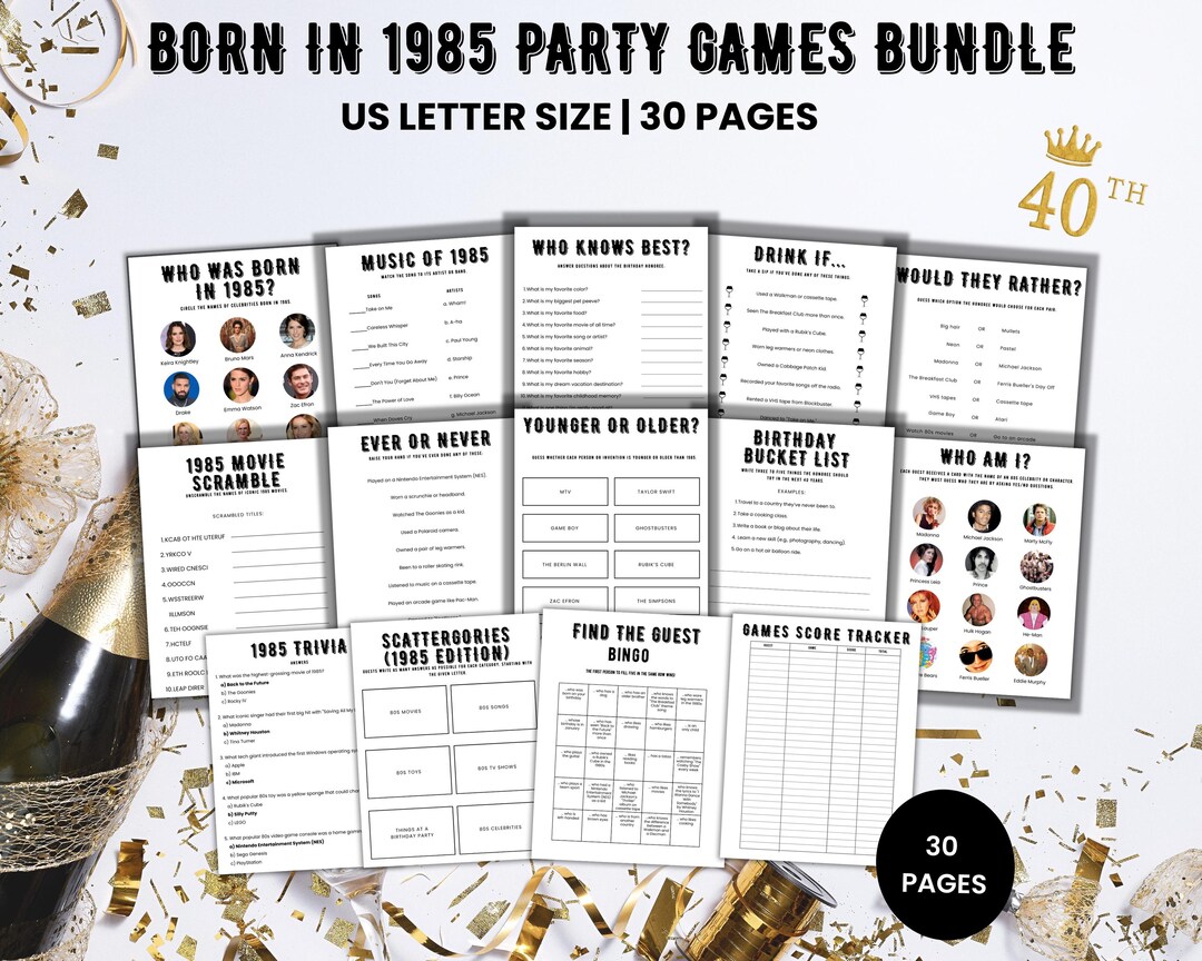 40th Birthday Party Games, Born in 1985 Printable Games Bundle, Fun ...