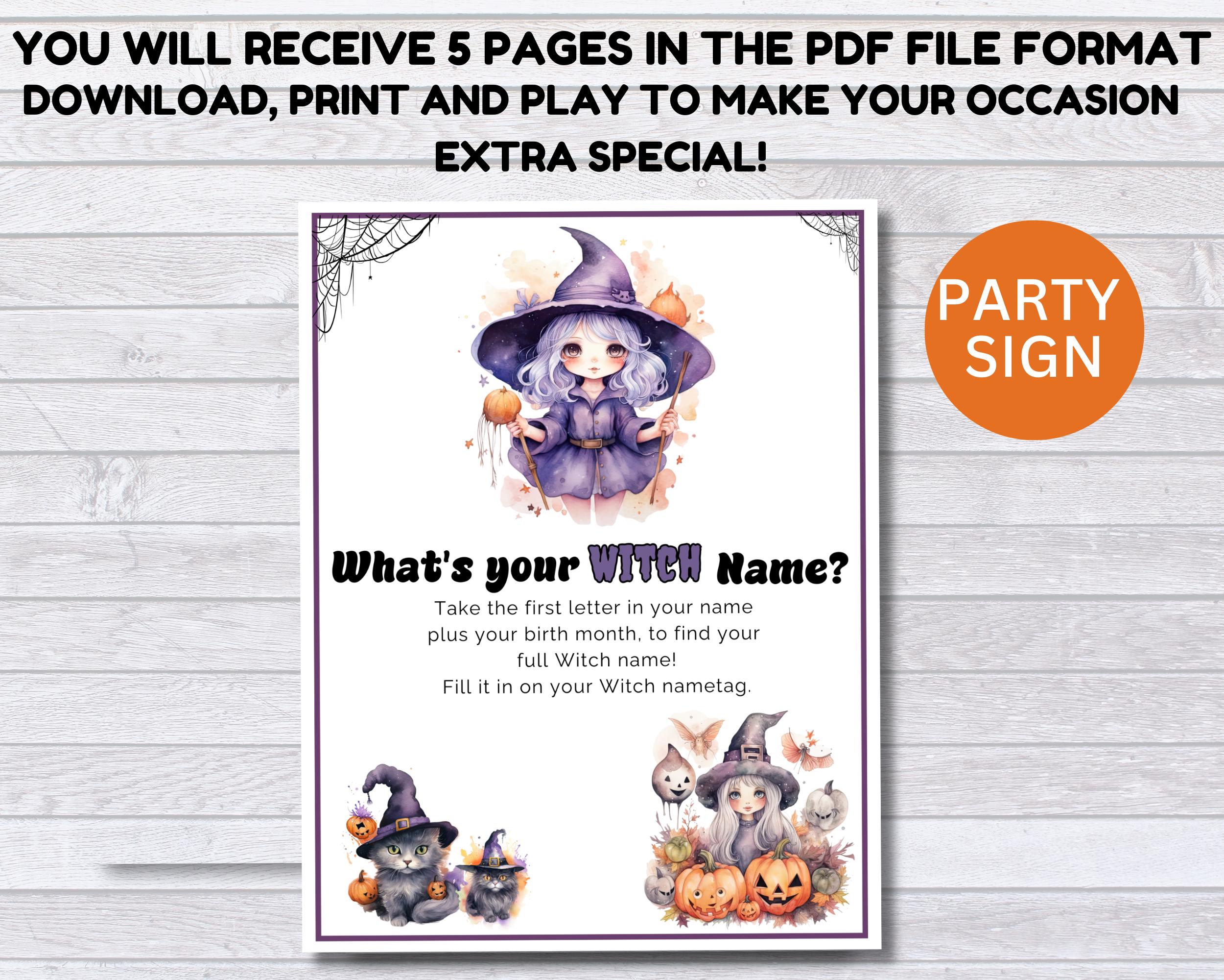 What's Your Witch Name Game, NAME TAGS+ SIGN, Witchy Birthday Printable ...