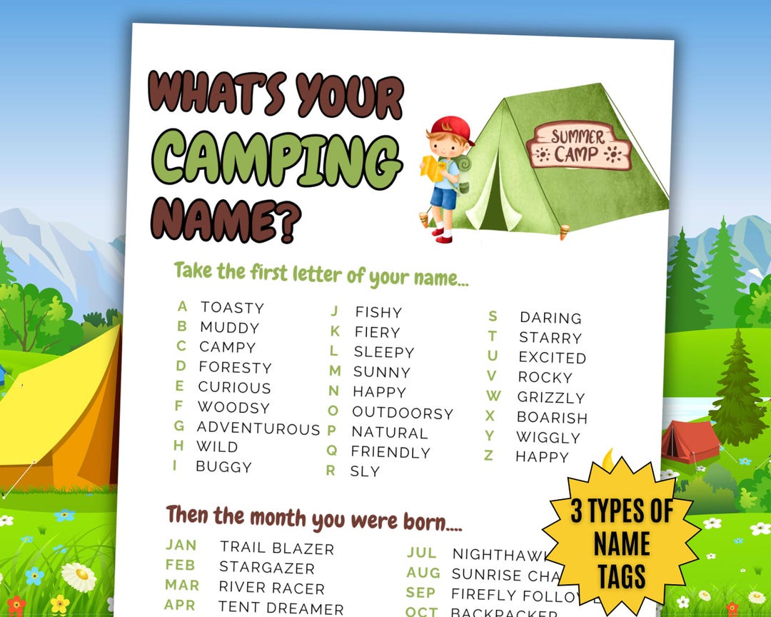 What's Your Camping Name Game NAME TAGS + SIGN, Camping- Themed ...
