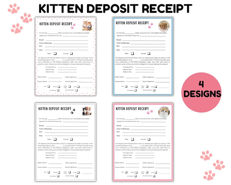 Editable Kitten Deposit Receipt, New Kitten Bill of Sale, Breeder ...