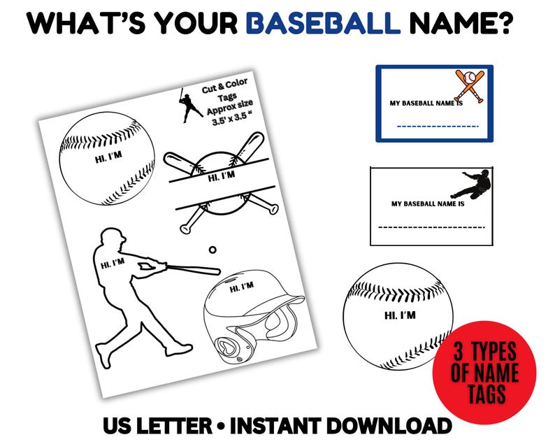 What's Your Baseball Name Game, NAME TAGS + Sign, Baseball-themed Game ...