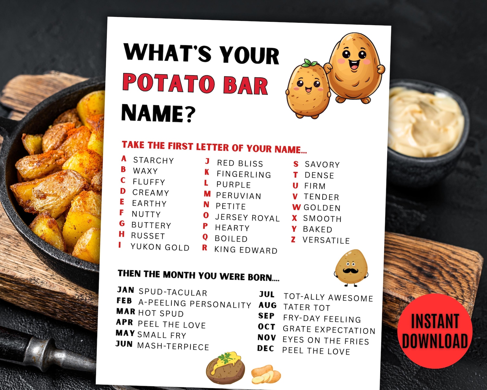 What's Your Potato Bar Name Game, NAME TAGS + SIGN, Baked Potato Bar ...