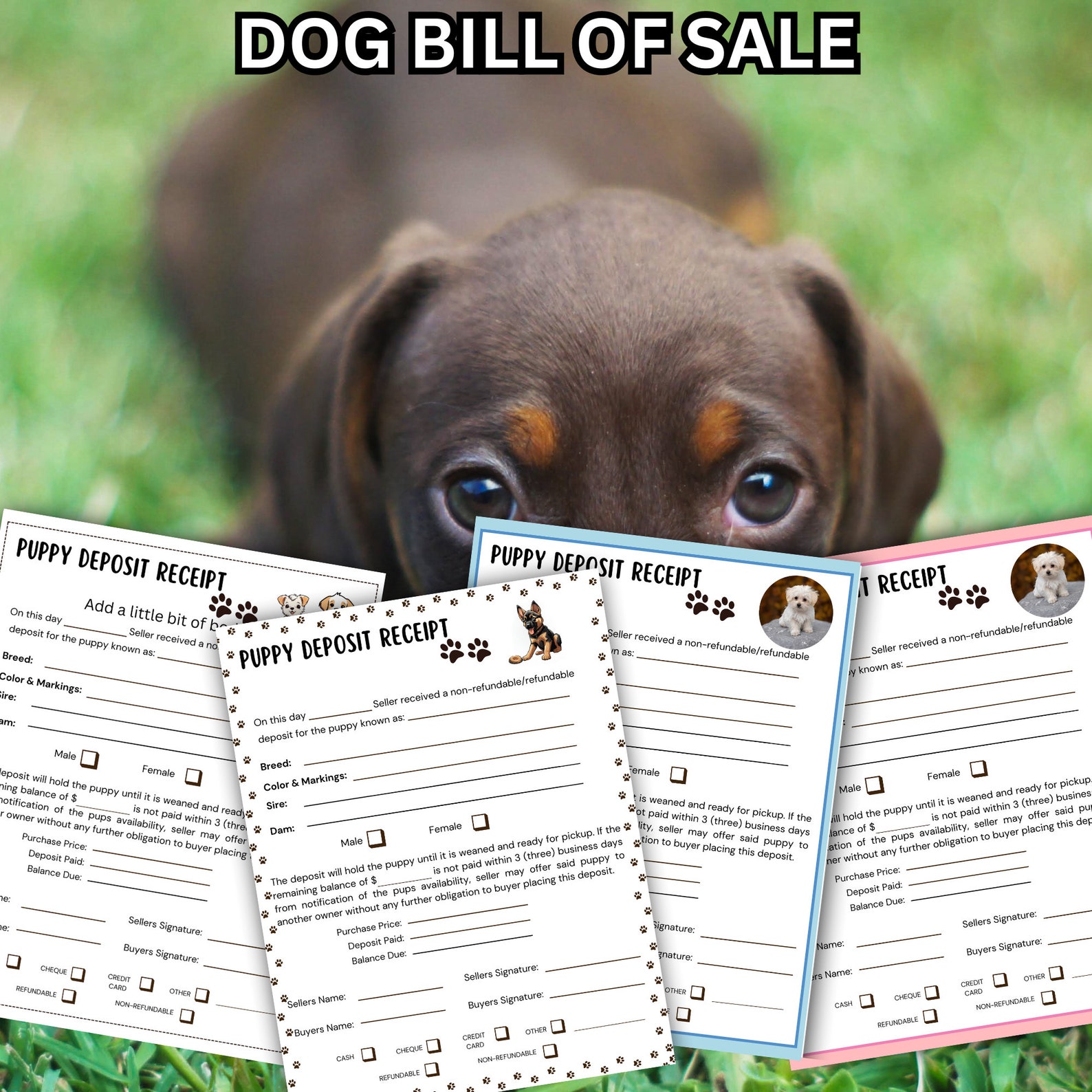 Editable Puppy Deposit Receipt, New Puppy Bill of Sale, Puppy Contract ...