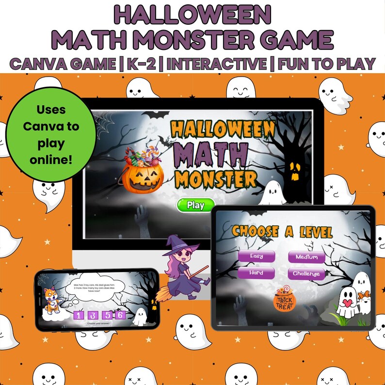 Halloween Monster Math Game, Canva Interactive Game, K-2 Educational ...