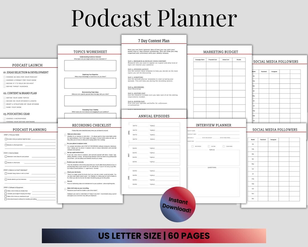 Podcast Planner Printable Template, Launch, Episode Content Planning ...