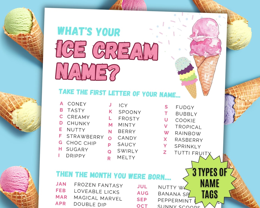 What's Your Ice Cream Name Game, SIGN NAME TAGS, Ice Cream Party Game ...