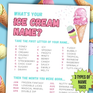 What's Your Ice Cream Name Game, SIGN NAME TAGS, Ice Cream Party Game ...