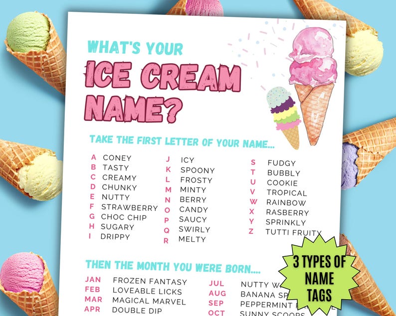 What's Your Ice Cream Name Game, SIGN NAME TAGS, Ice Cream Party Game ...