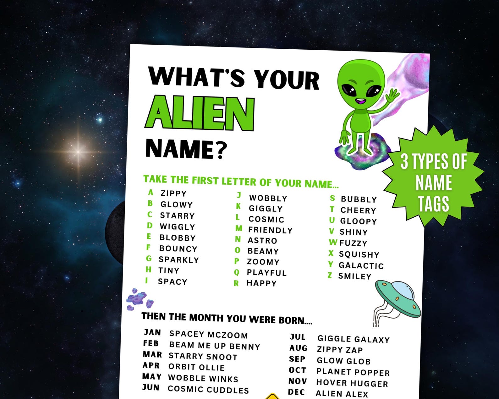 What's Your Alien Name Game NAME Tags + SIGN, Cute Alien Birthday Party ...