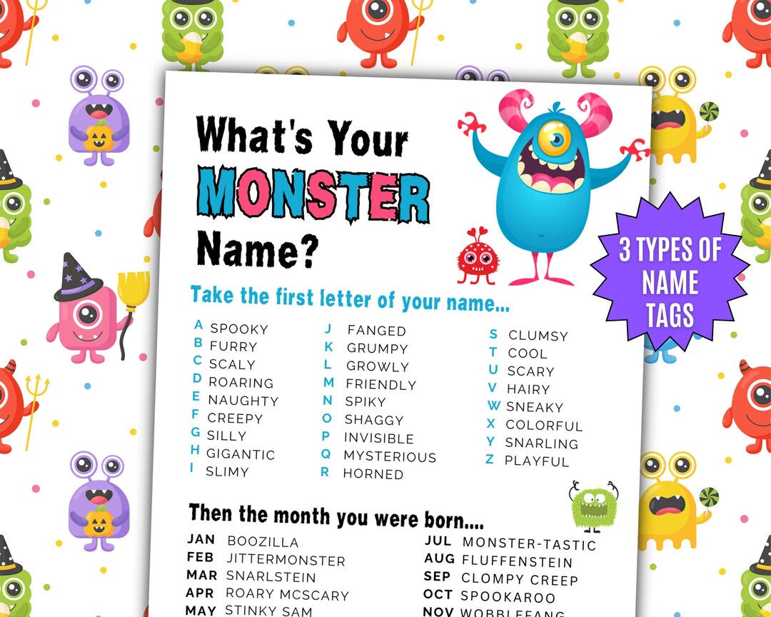 What's Your Monster Name Game NAME TAGS SIGN, Monster Birthday Activity ...