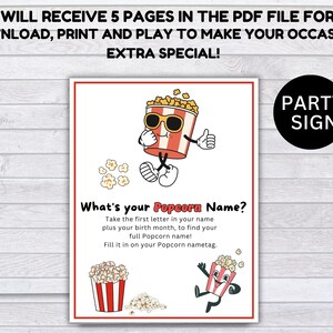 What's Your Popcorn Name Game NAME TAGS + SIGN, Movie Night Games ...