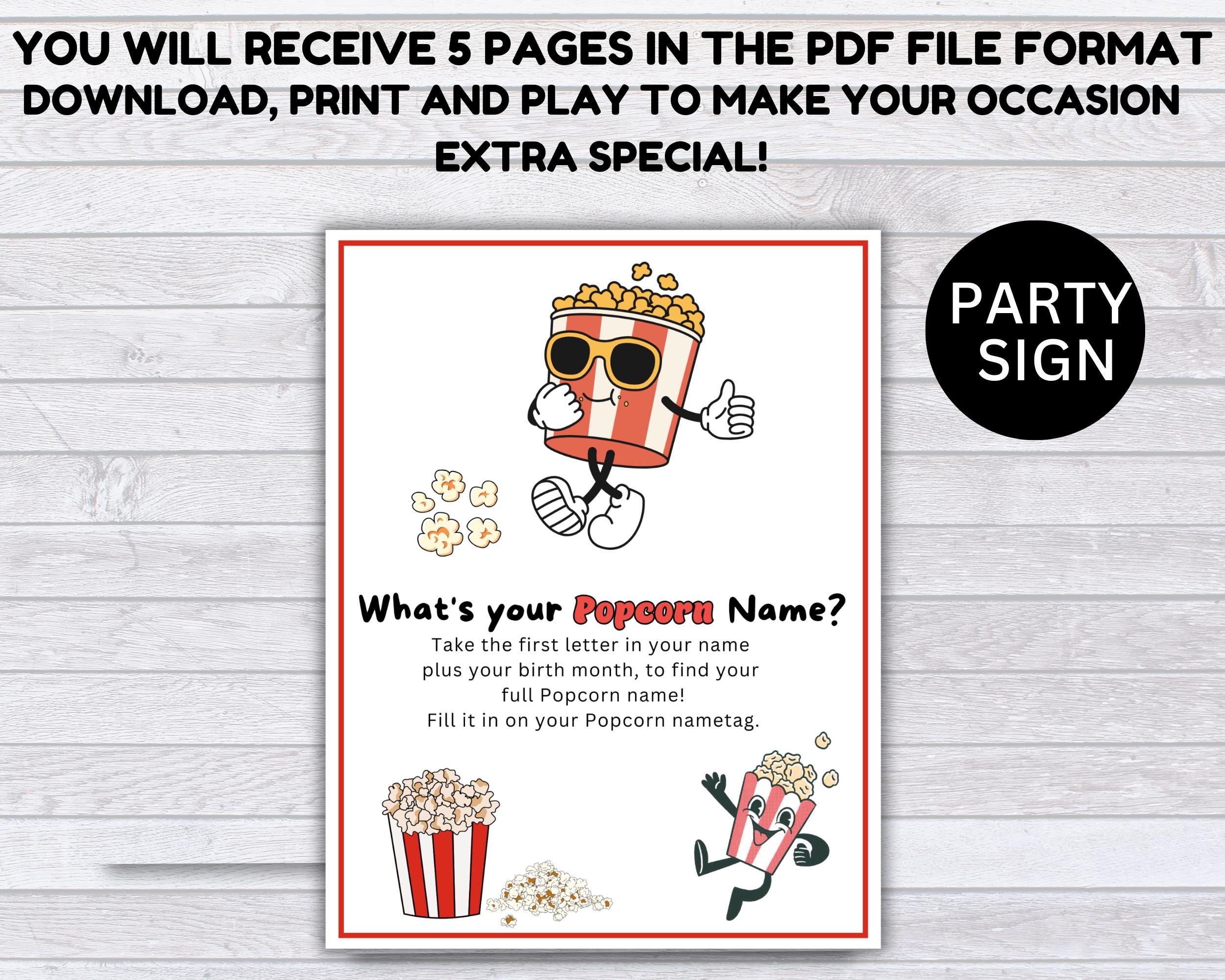 What's Your Popcorn Name Game, SIGN NAME TAGS, Activity Printable ...