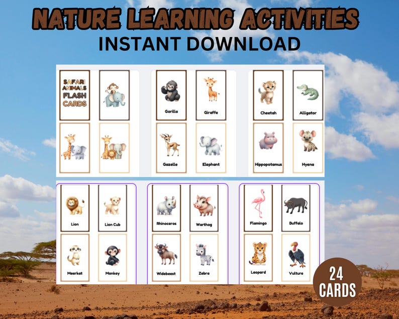 Safari Animals Flashcards, 24 Preschool Printable Educational Cards ...