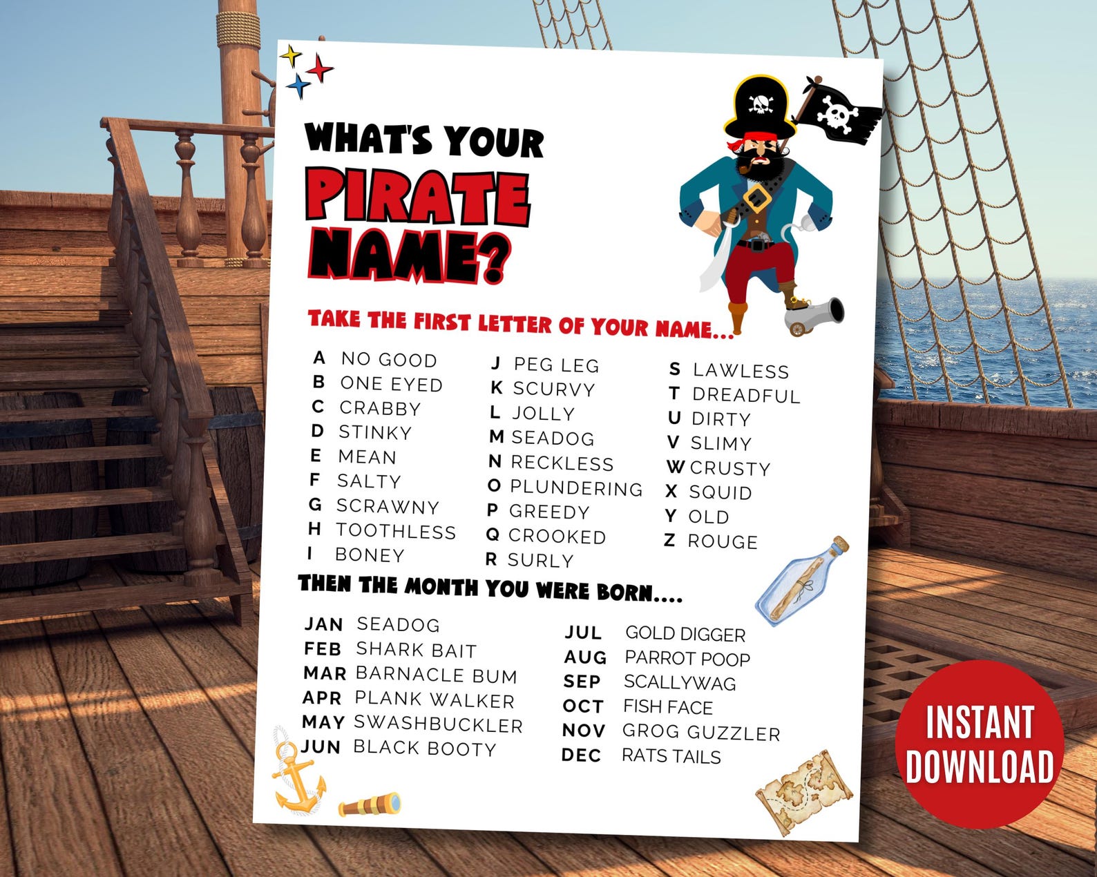 What's Your Pirate Name Game NAME Tags + SIGN, Pirate Birthday, Ahoy Matey Activity, Talk Like A ...