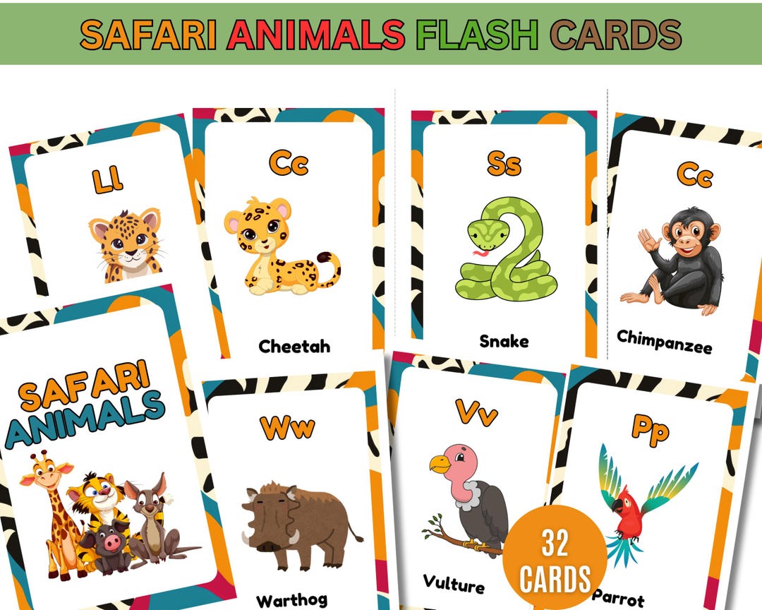 Safari Animals Flashcards, 32 Preschool Printable Educational Cards ...