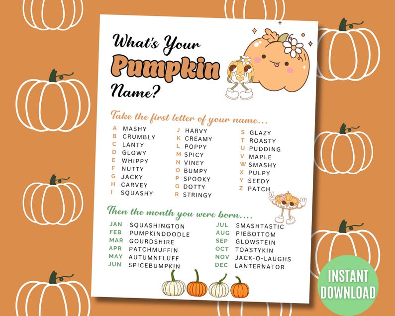 What's Your Pumpkin Name Game, NAME TAGS + SIGN, Fall Activity ...