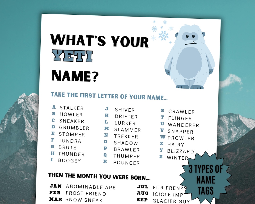 What's Your Yeti Name Game NAME TAGS & SIGN, Yeti Birthday Party ...