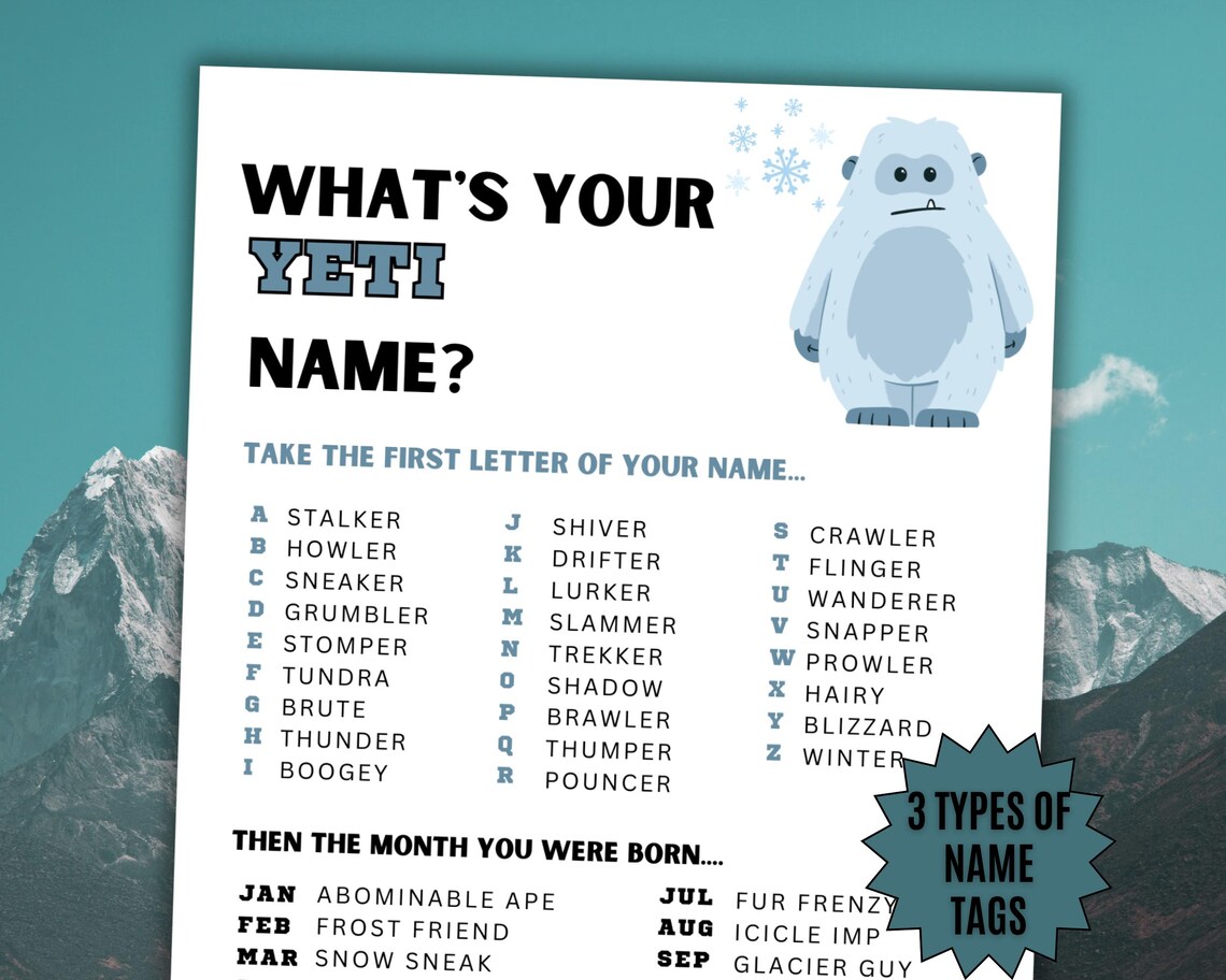 What's Your Yeti Name Game NAME TAGS & SIGN, Yeti Birthday Party ...