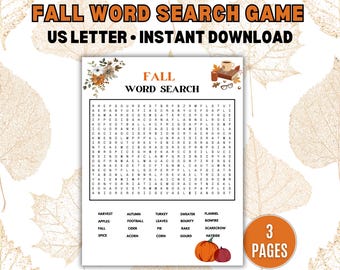 Fall Word Search Printable, Autumn Word Search, Printable Fall Game ...