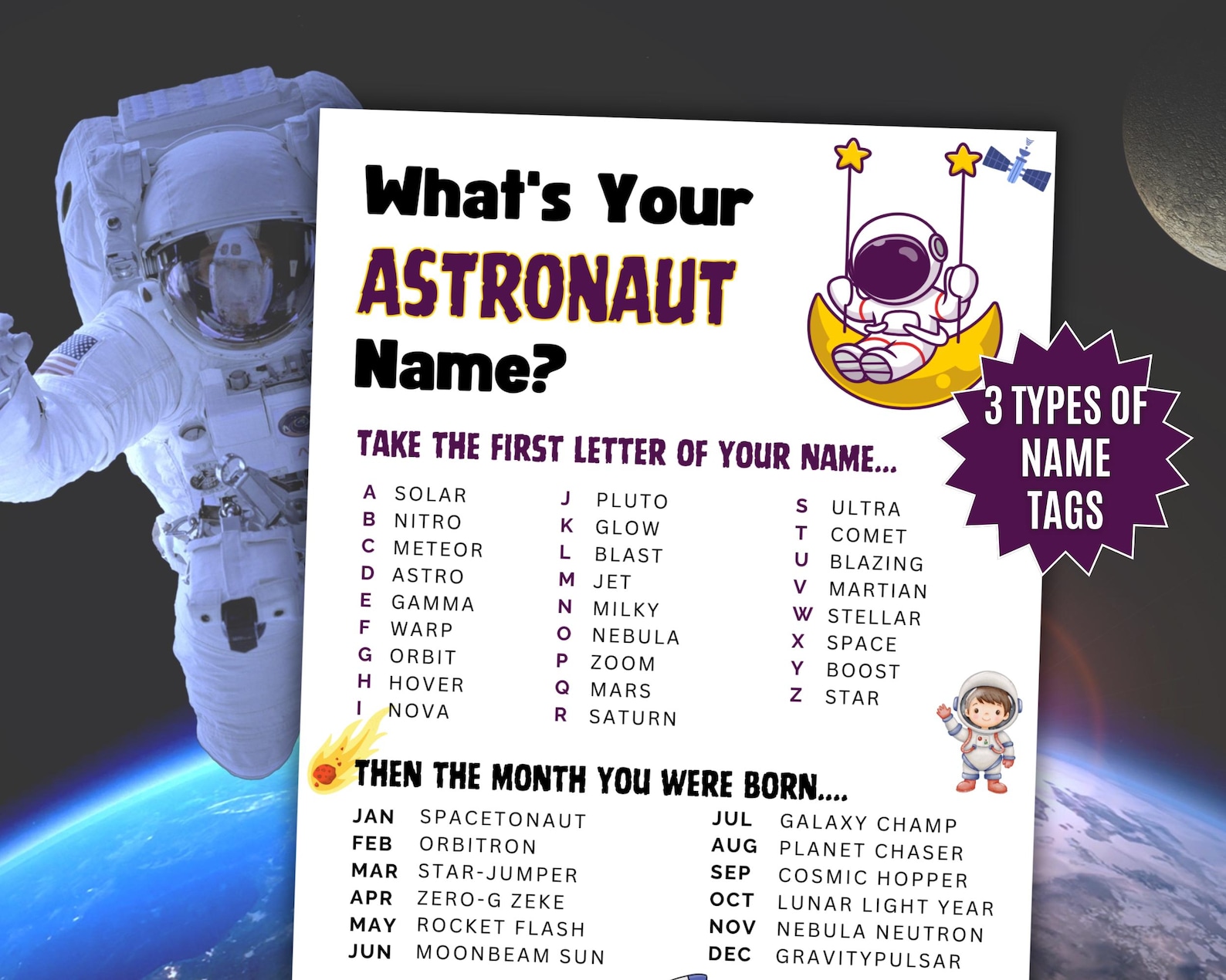 What's Your Astronaut Name Game, NAME TAGS + SIGN, Space-themed ...