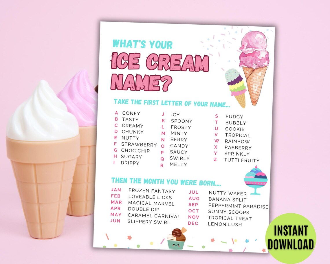 What's Your Ice Cream Name Game, NAME TAGS + SIGN, Ice Cream-themed ...