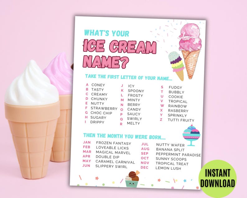 What's Your Ice Cream Name Game, NAME TAGS + SIGN, Ice Cream-themed ...