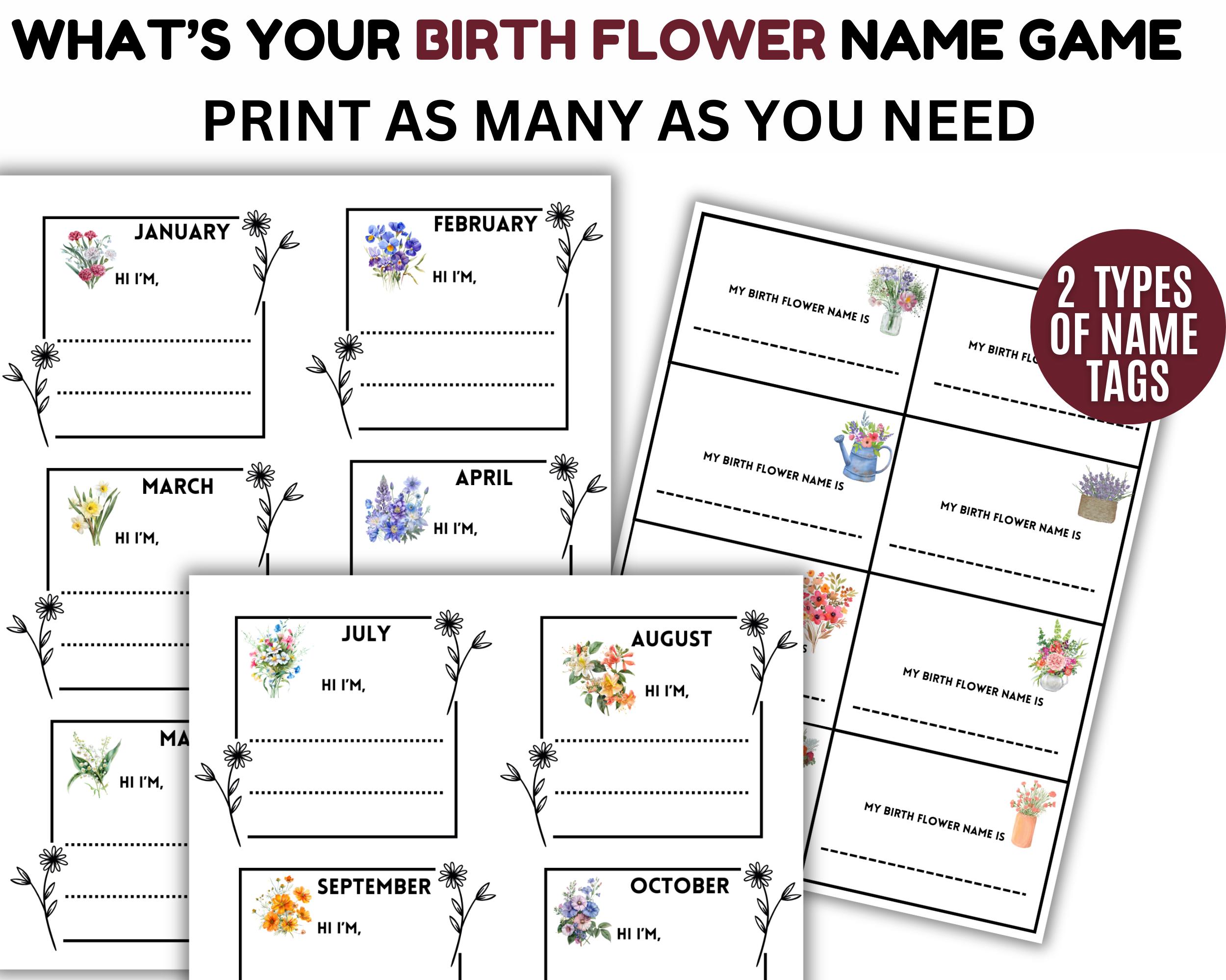 What's Your Birth Flower Name Game NAME TAGS + SIGN, Spring Party Game ...