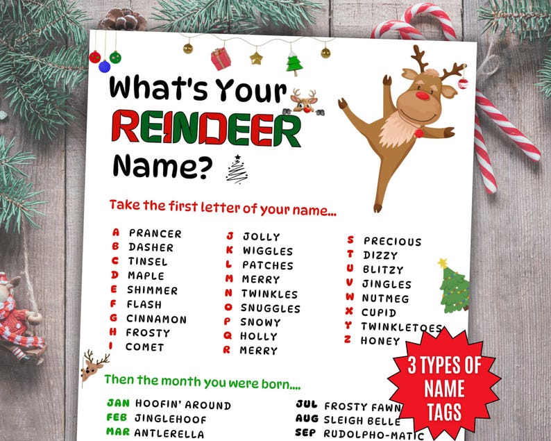What's Your Reindeer Name Game NAME TAGS + SIGN, Christmas Party ...