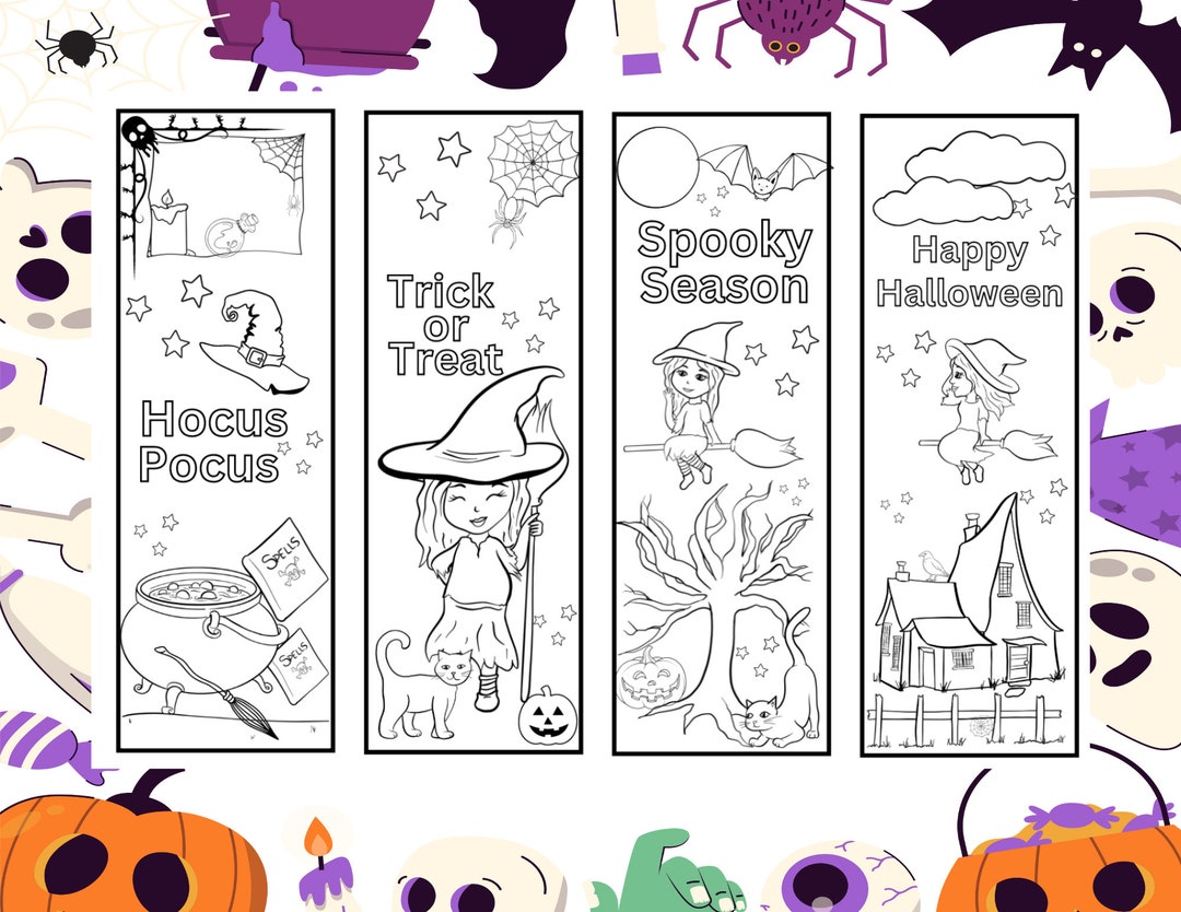 Halloween Bookmarks Coloring, Cute Printable Set of 4 Halloween ...
