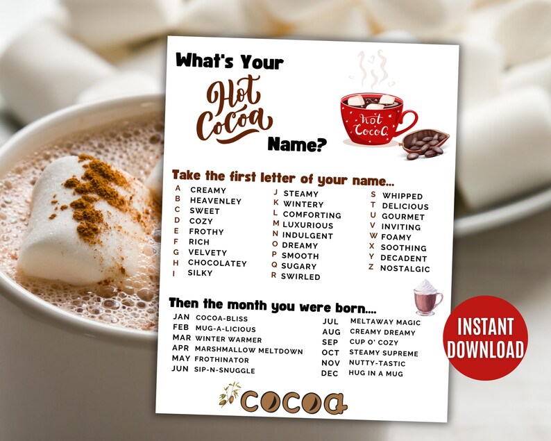What's Your Hot Cocoa Name Game NAME TAGS + SIGN, Hot Cocoa Bar Decor ...