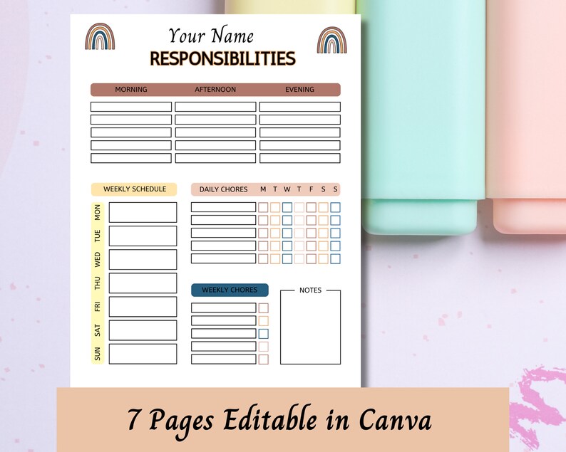 Editable Responsibility Chart for Kids. Daily, Weekly Schedule ...