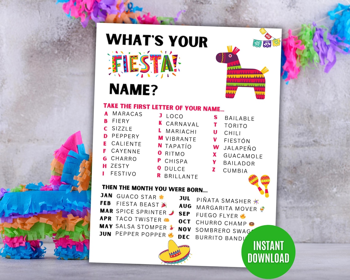 What's Your Fiesta Name Game NAME TAGS + SIGN, Cinco De Mayo Party Game ...