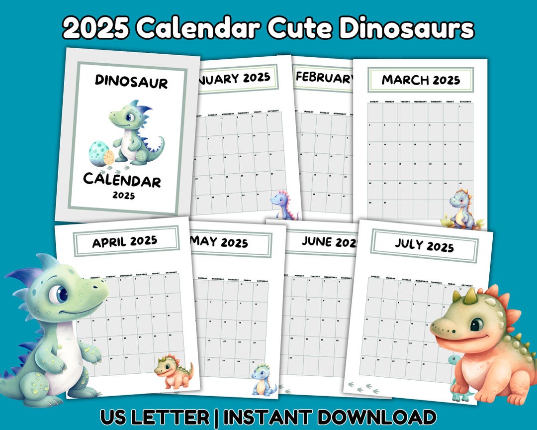 2025 Calendar Kids, Cute Printable Dinosaur Calendar Horizontal, 2025 ...
