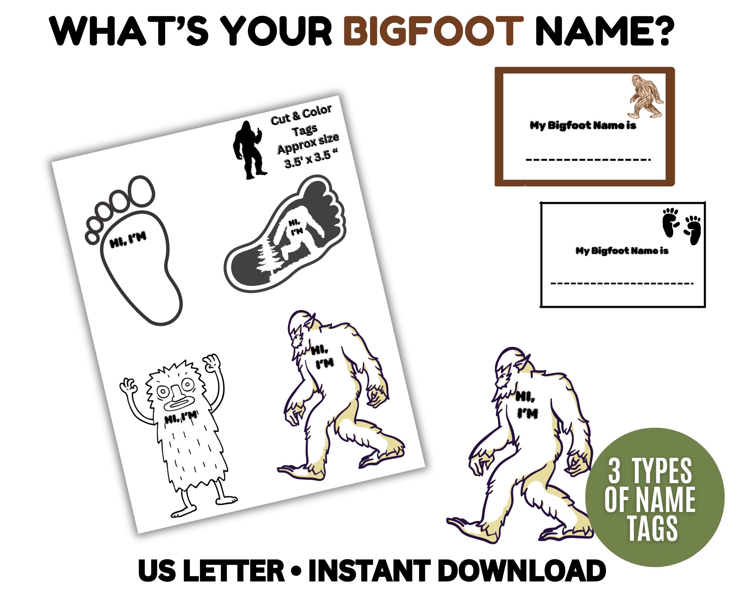 What's Your Bigfoot Name Game NAME TAGS & SIGN, Sasquatch Birthday ...