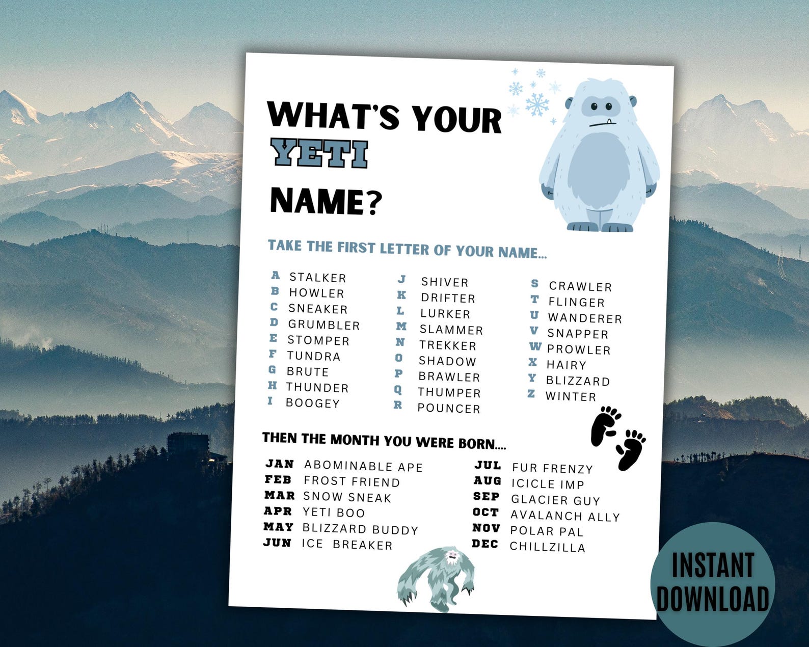 What's Your Yeti Name Game NAME TAGS & SIGN, Yeti Birthday Party ...