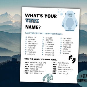 What's Your Yeti Name Game NAME TAGS & SIGN, Yeti Birthday Party ...