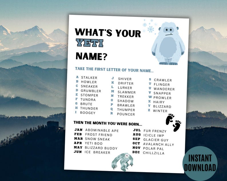 What's Your Yeti Name Game NAME TAGS & SIGN, Yeti Birthday Party ...