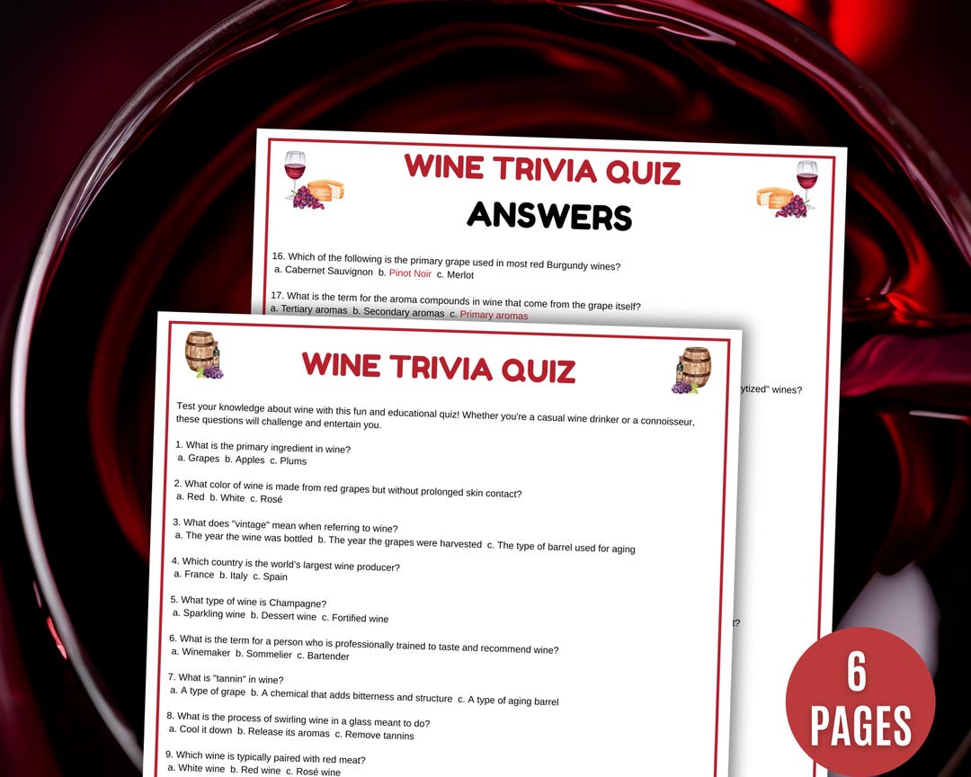 Wine Trivia Game Printable, Fun Adult Dinner Party Activity, Wine ...
