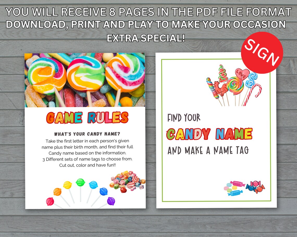 What's Your Candy Name Game With NAME TAGS + SIGN, Candy Party Idea ...