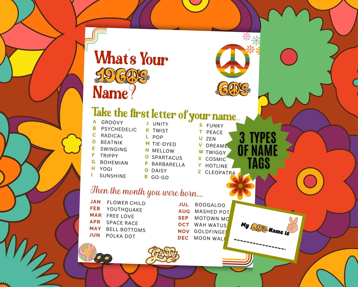 What's Your 60s Name Game, NAME TAGS + SIGN, Groovy 60s Party, Disco ...