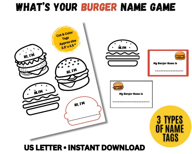 What's Your Burger Name Game NAME TAGS + Sign, BBQ Party, Cookout ...