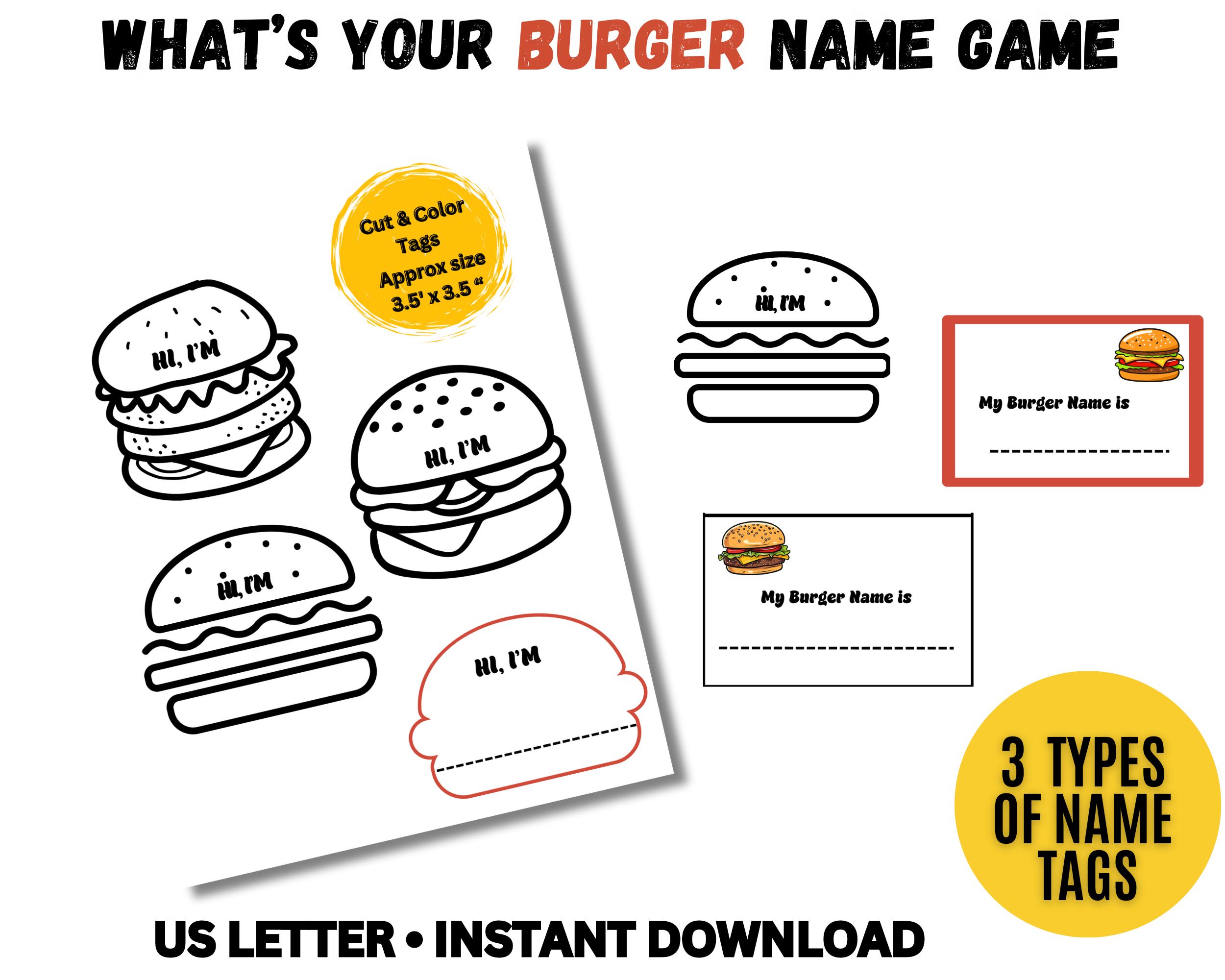 What's Your Burger Name Game NAME TAGS + Sign, BBQ Party, Cookout ...