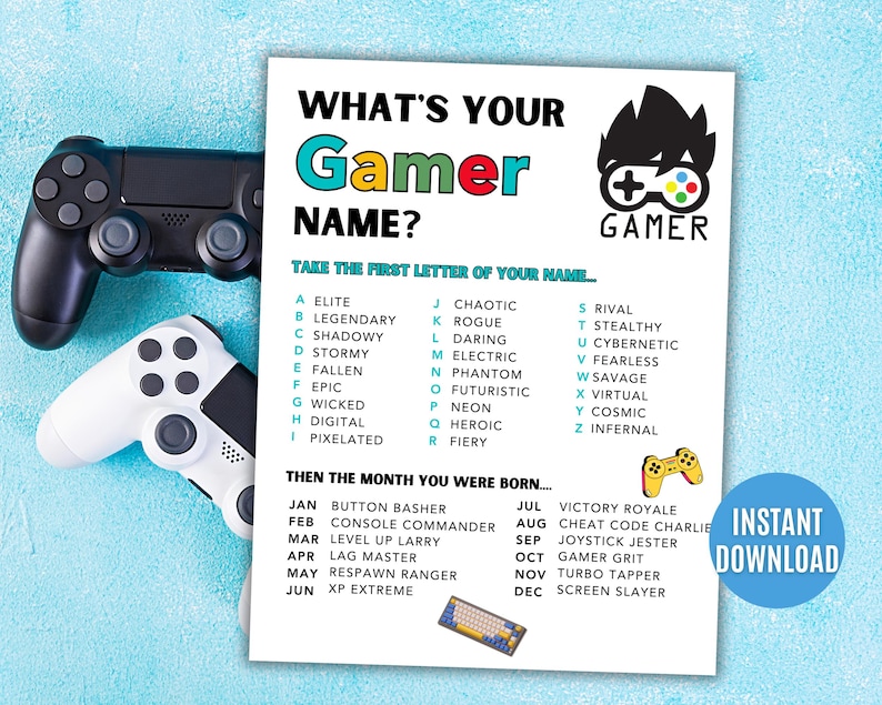 What's Your Gamer Name Game, NAME TAGS + SIGN, Gaming Name Activity ...