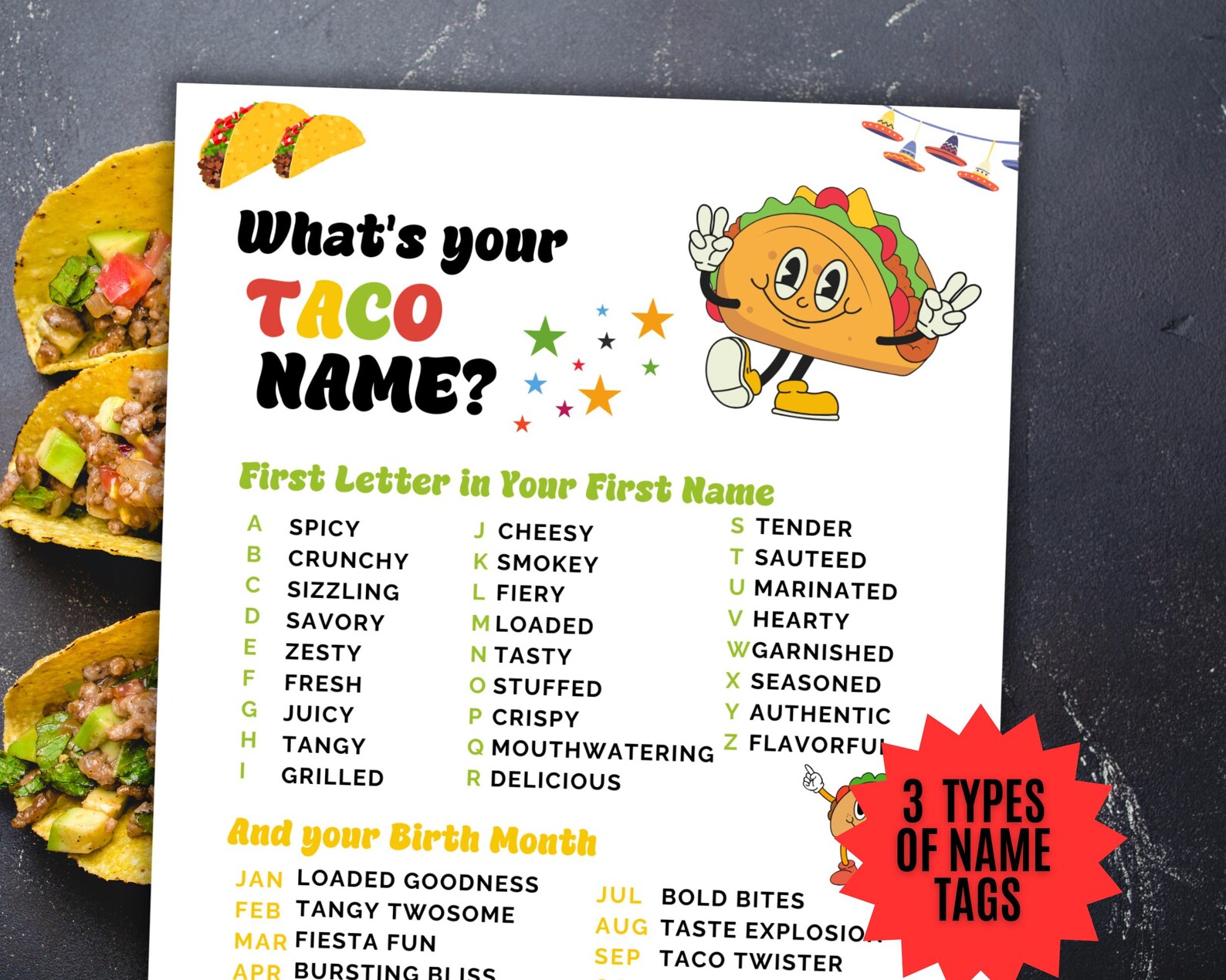 What's Your Taco Name Game, NAME TAGS + SIGN, Printable Mexican Fiesta ...