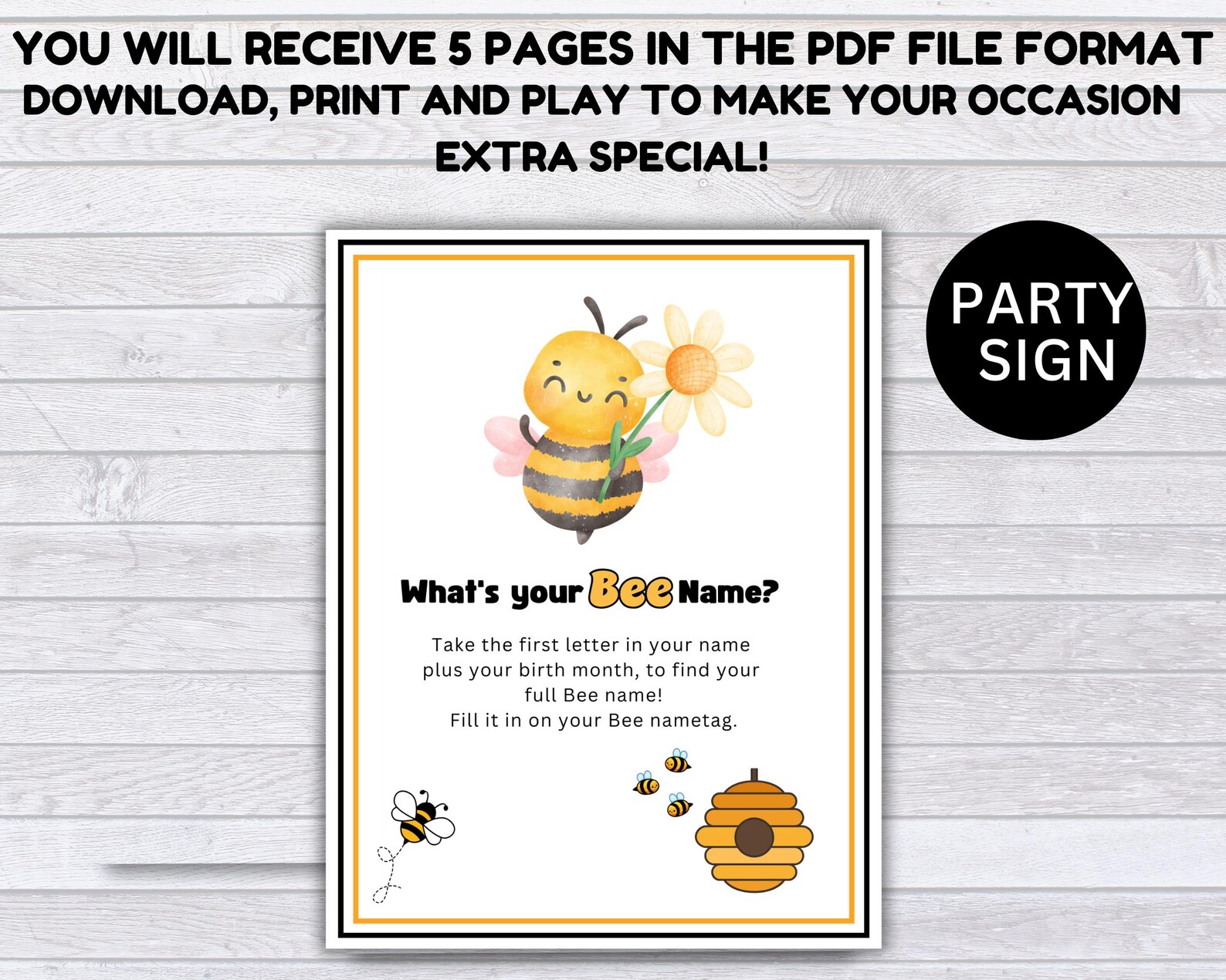 What's Your Bee Name Game, NAME TAGS + SIGN, Bee-themed Printable, Baby ...