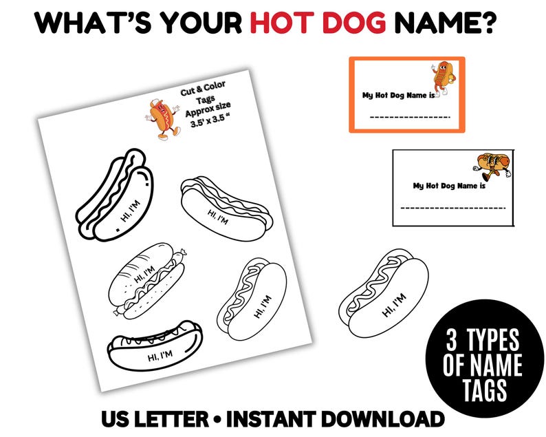 What's Your Hot Dog Name Game, NAME TAGS +signs, Kids Hot Dogs Party ...
