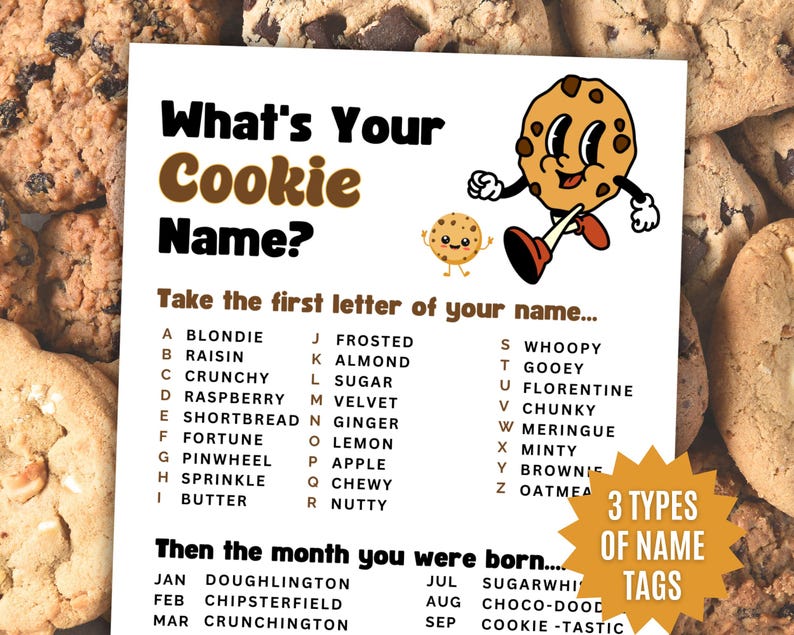 What's Your Cookie Name Game NAME TAGS + SIGN, Cookie-themed Party ...