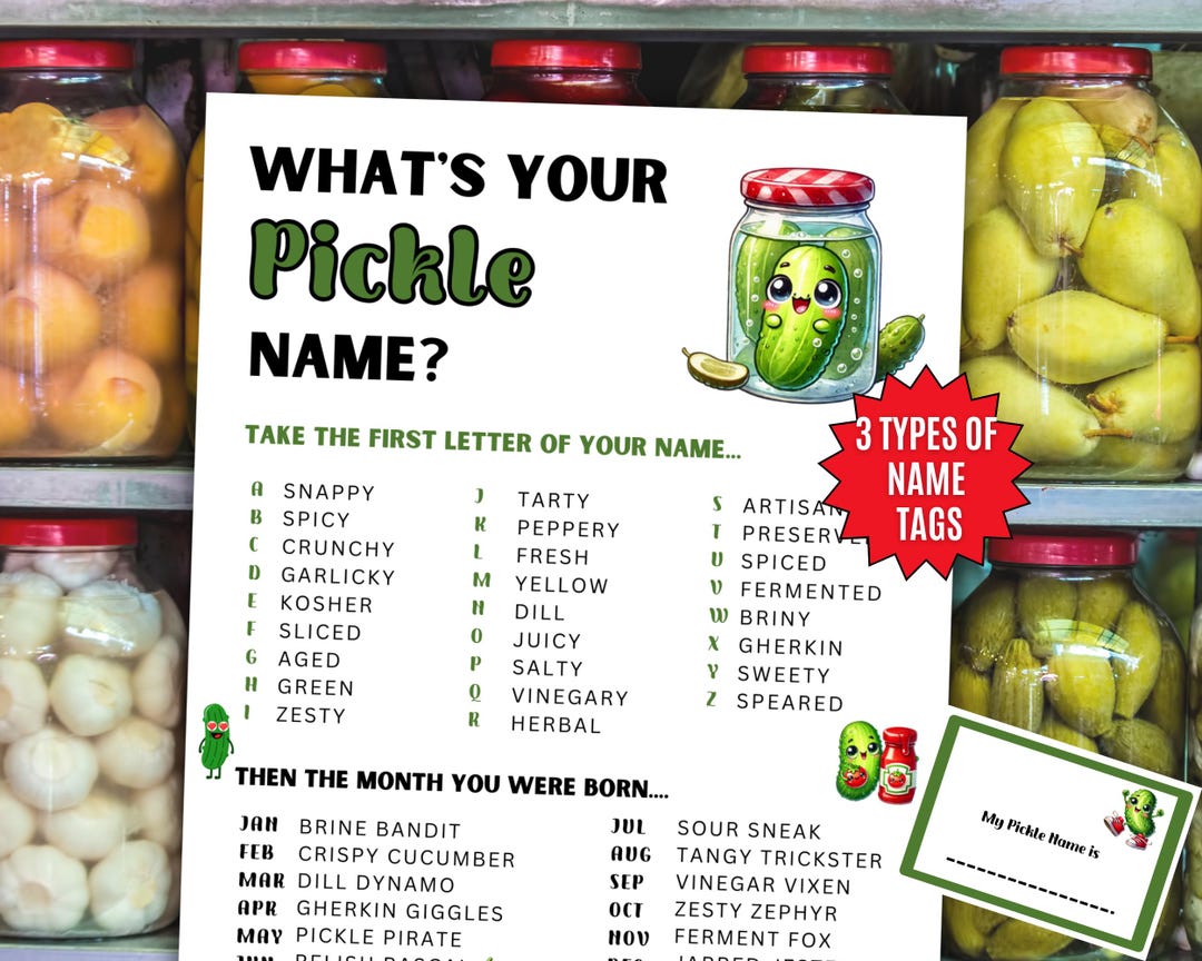 What's Your Pickle Name Game NAME TAGS + SIGN, Dill Pickle Lovers ...