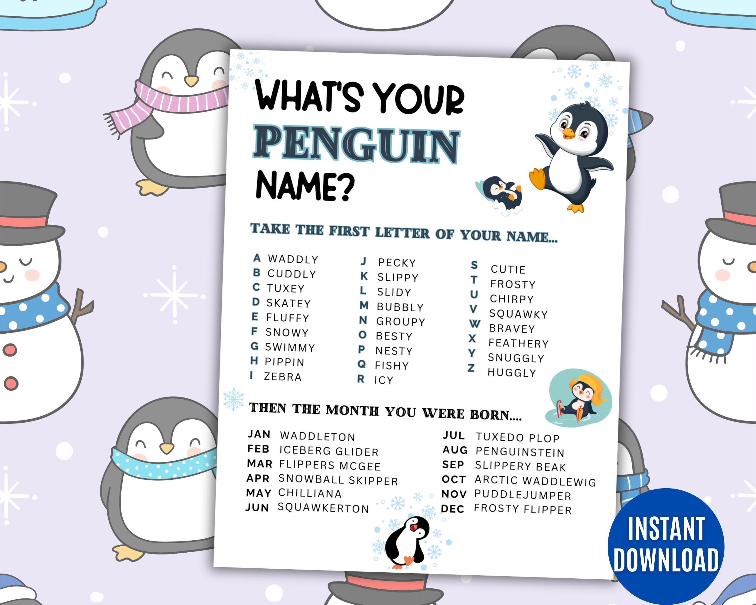 What's Your Penguin Name Game NAME TAGS + SIGN, Penguin Birthday, Baby ...